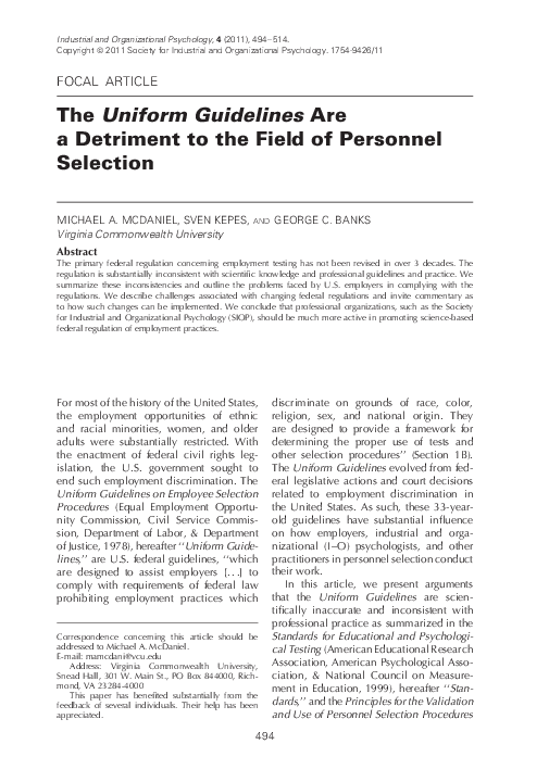 (PDF) The Uniform Guidelines Are a Detriment to the Field of Personnel ...