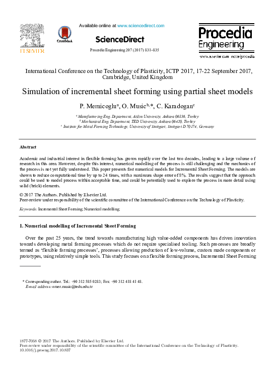 (PDF) Simulation of incremental sheet forming using partial sheet models