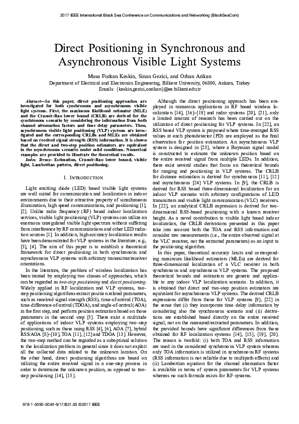 Pdf Direct Positioning In Synchronous And Asynchronous Visible Light Systems Orhan Arikan