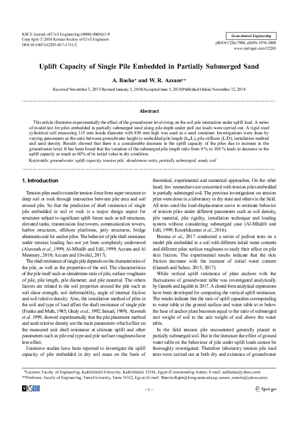 (PDF) Uplift Capacity of Single Pile Embedded in Partially Submerged Sand