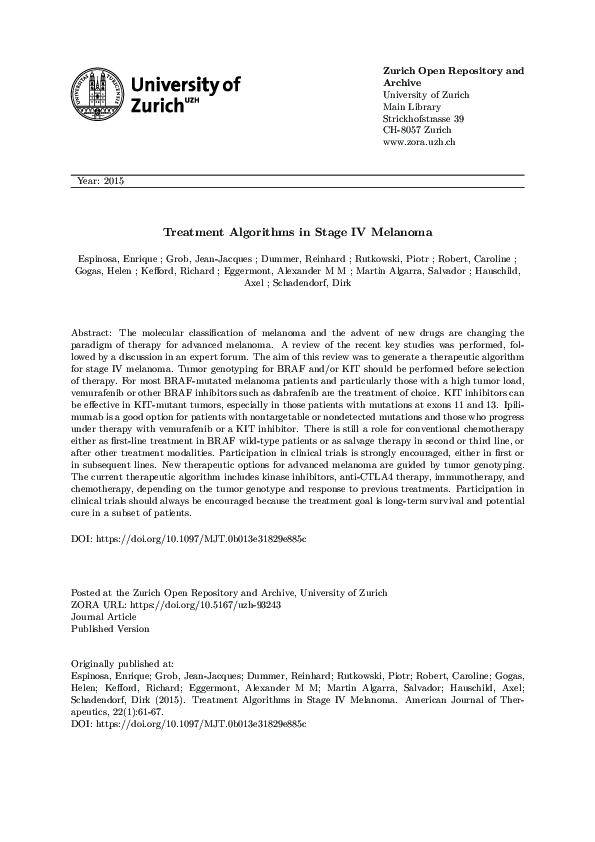 (PDF) Stage IV Melanoma: Treatment Algorithms Unveiled