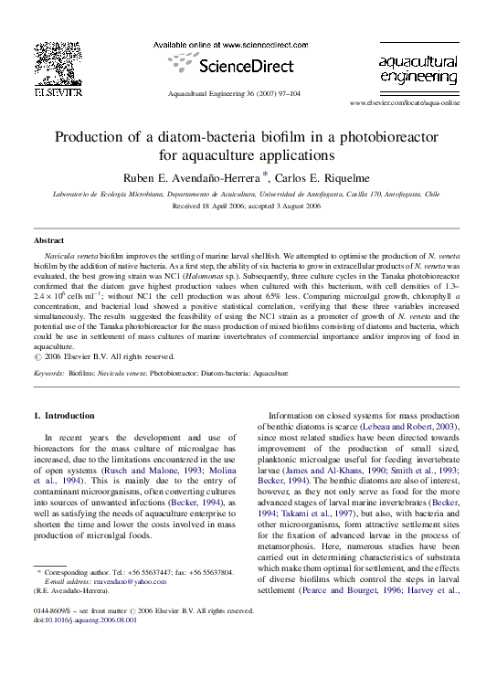 (PDF) Production of a diatom-bacteria biofilm in a photobioreactor for ...
