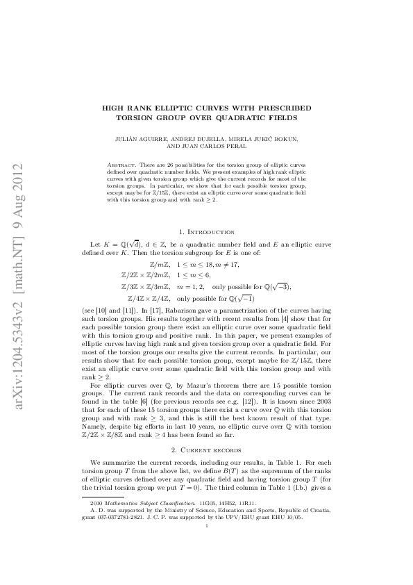 (PDF) High rank elliptic curves with prescribed torsion group over ...