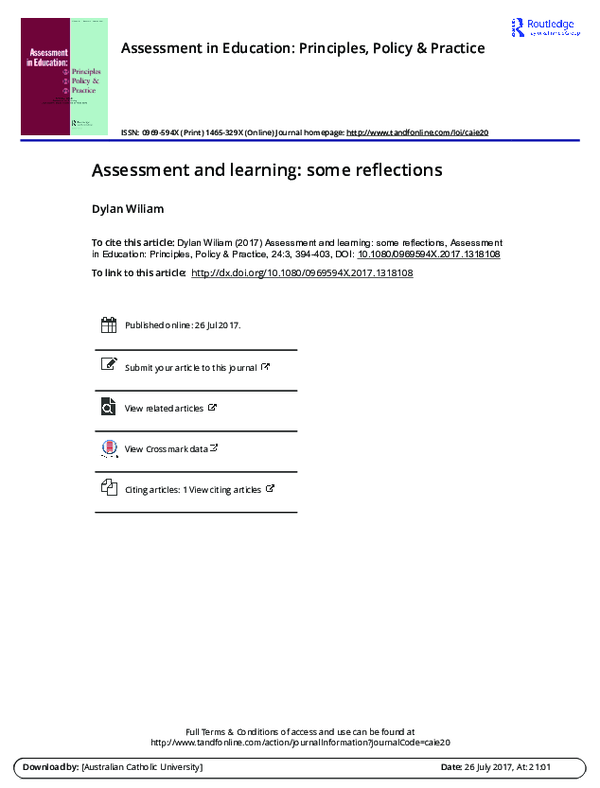 (PDF) Assessment and learning: some reflections