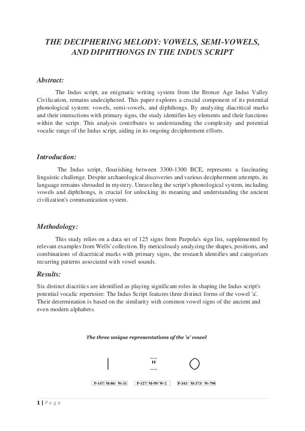 (PDF) THE DECIPHERING MELODY: VOWELS, SEMI-VOWELS, AND DIPHTHONGS IN THE INDUS SCRIPT
