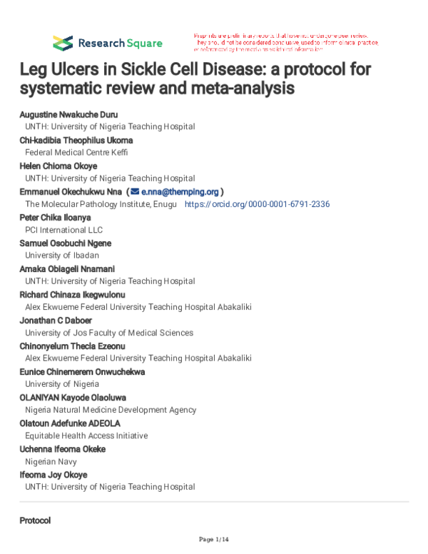 (PDF) Leg Ulcers in Sickle Cell Disease: a protocol for systematic ...