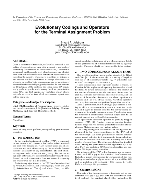 (PDF) Evolutionary codings and operators for the terminal assignment problem