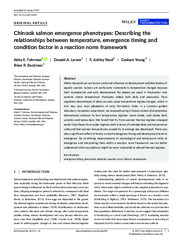 (PDF) Chinook salmon emergence phenotypes: Describing the relationships ...