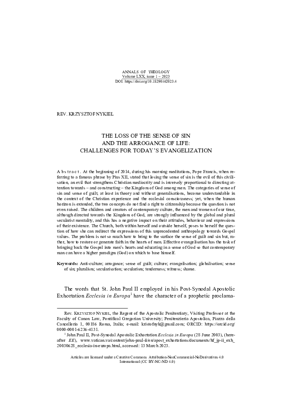 (PDF) The Loss of the Sense of Sin and the Arrogance of Life ...