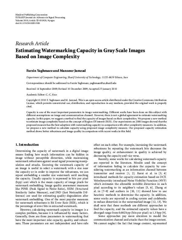 (PDF) Estimating Watermarking Capacity in Gray Scale Images Based on Image Complexity