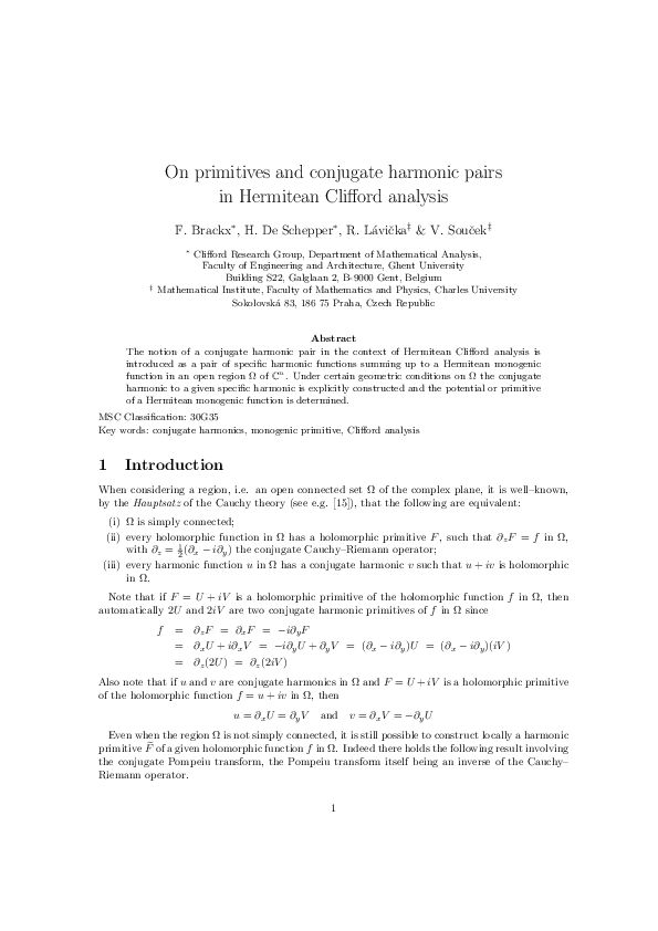 (PDF) On Primitives and Conjugate Harmonic Pairs in Hermitian Clifford Analysis