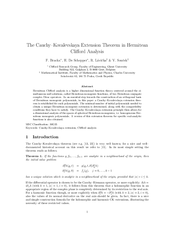 (PDF) The Cauchy–Kovalevskaya extension theorem in Hermitian Clifford analysis