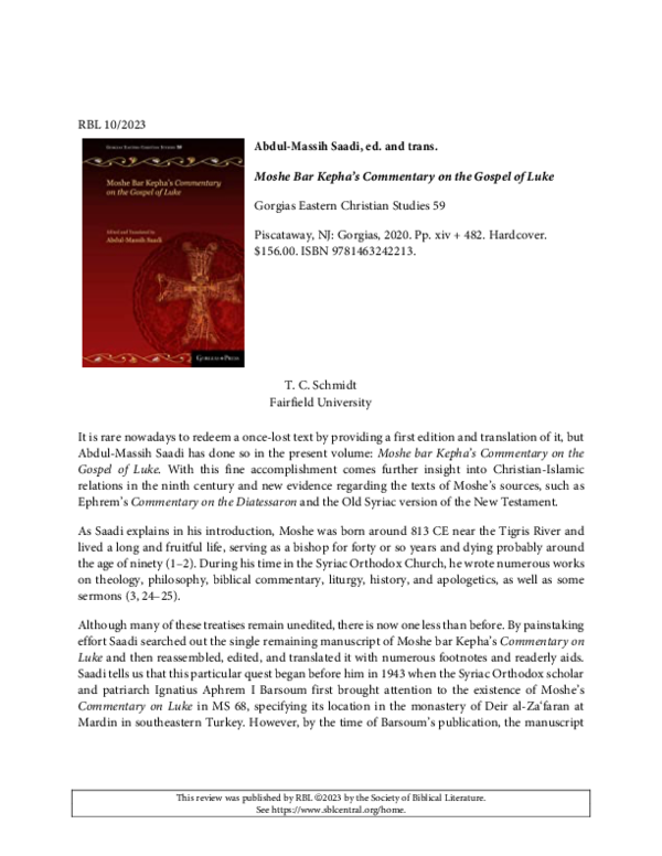 (PDF) Review: Moshe Bar Kepha’s Commentary on the Gospel of Luke edited ...