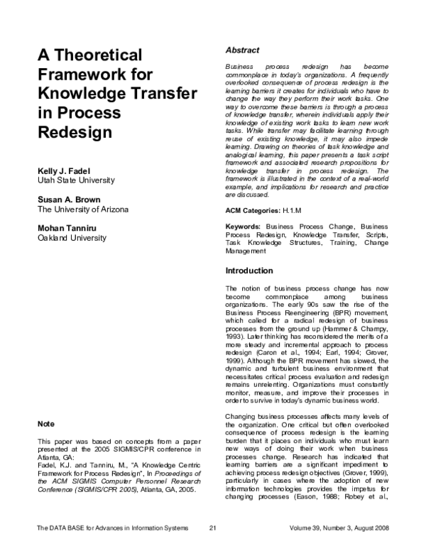 (PDF) A theoretical framework for knowledge transfer in process redesign