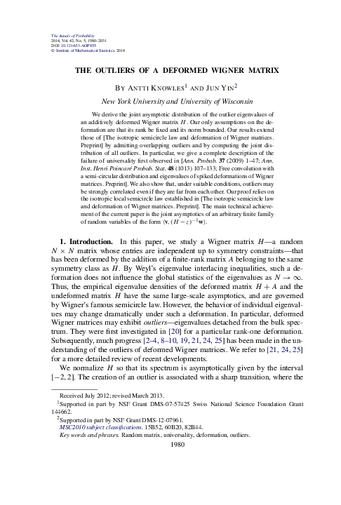 (PDF) The outliers of a deformed Wigner matrix | Jun Yin - Academia.edu
