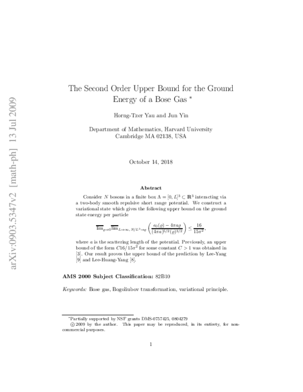 (PDF) The Second Order Upper Bound for the Ground Energy of a Bose Gas