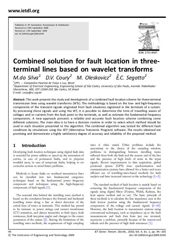 Pdf Combined Solution For Fault Location In Three Terminal Lines Based On Wavelet Transforms