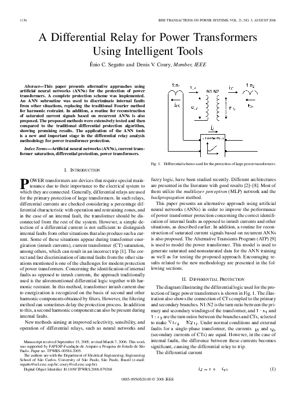 (PDF) A Differential Relay for Power Transformers Using Intelligent Tools