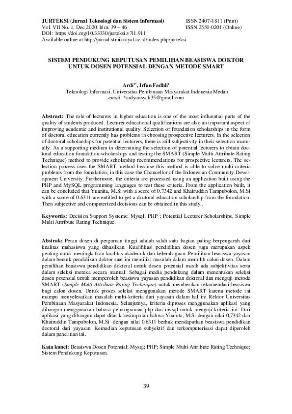 (PDF) Sistem Pendukung Keputusan Pemilihan Beasiswa Doktor Untuk Dosen Potensial Dengan Metode ...