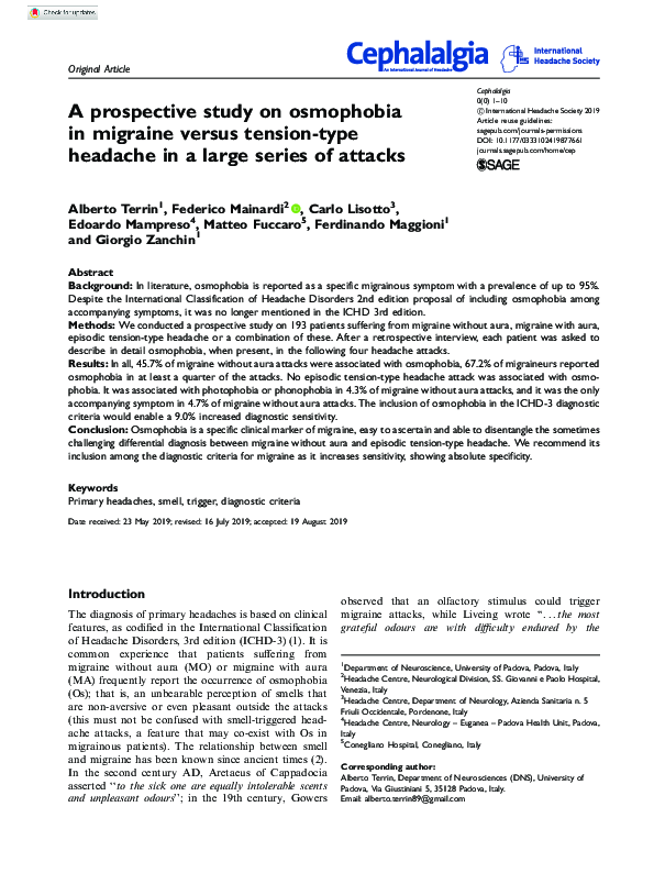 (PDF) A prospective study on osmophobia in migraine versus tension-type ...