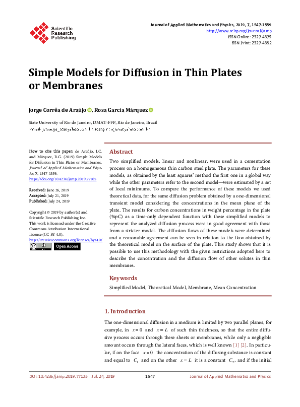 (PDF) Simple Models for Diffusion in Thin Plates or Membranes