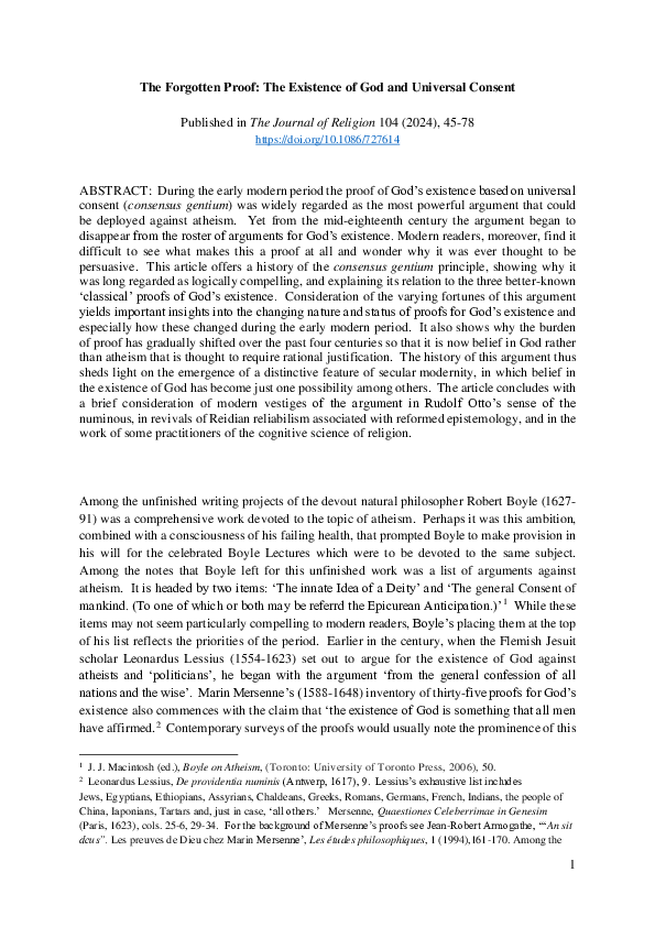 (PDF) The Forgotten Proof: The Existence of God and Universal Consent
