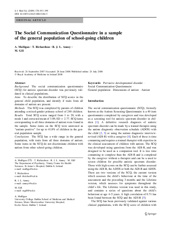 (PDF) The Social Communication Questionnaire in a sample of the general ...