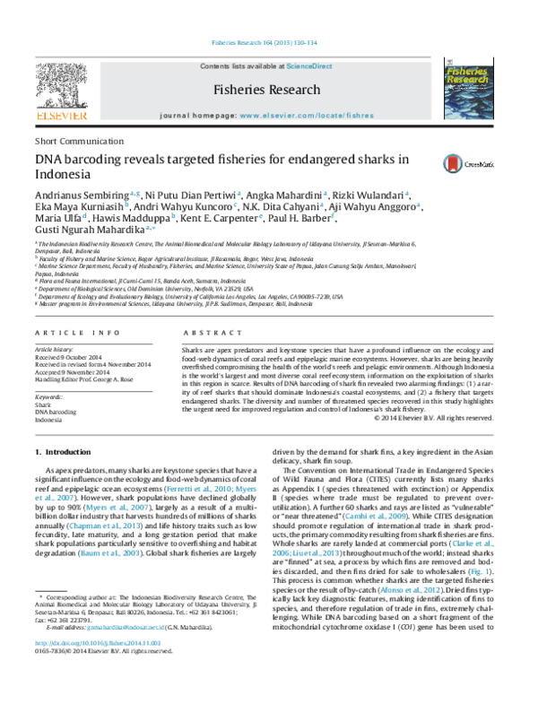 (PDF) DNA barcoding reveals targeted fisheries for endangered sharks in Indonesia | Prof. Dr ...