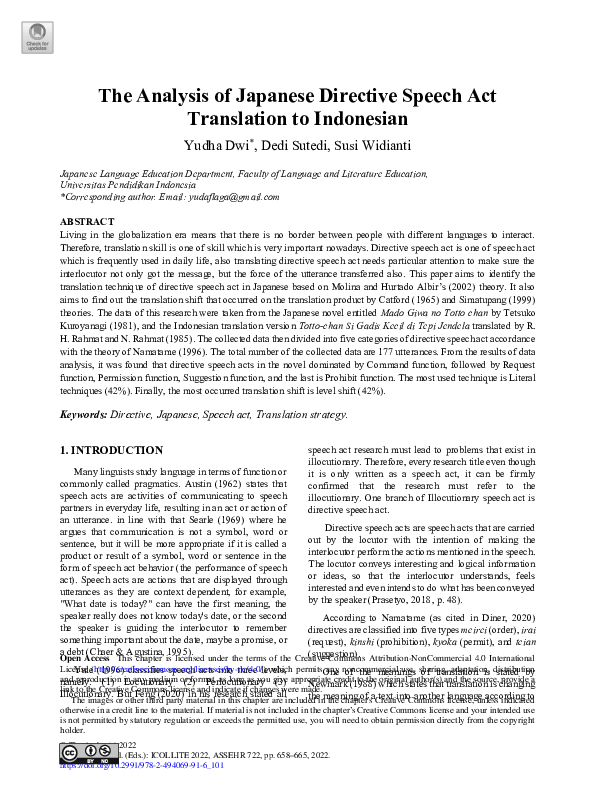 (PDF) The Analysis of Japanese Directive Speech Act Translation to Indonesian