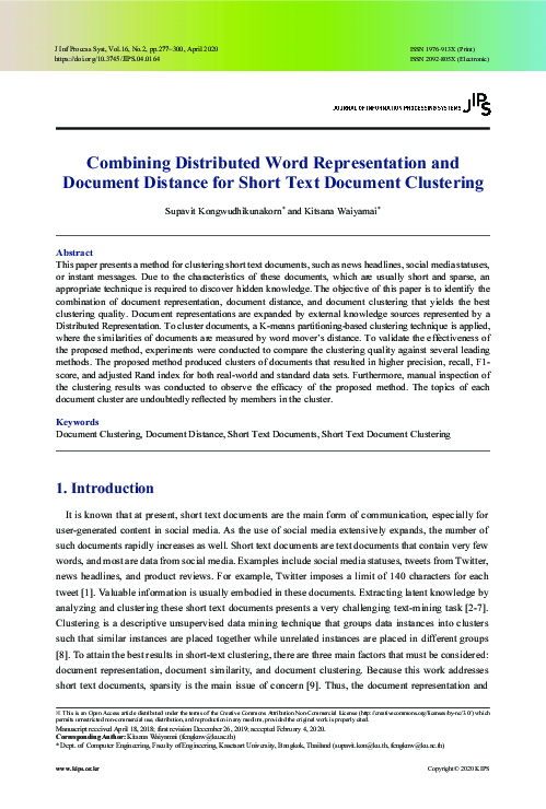 (PDF) Combining Distributed Word Representation and Document Distance for Short Text Document ...