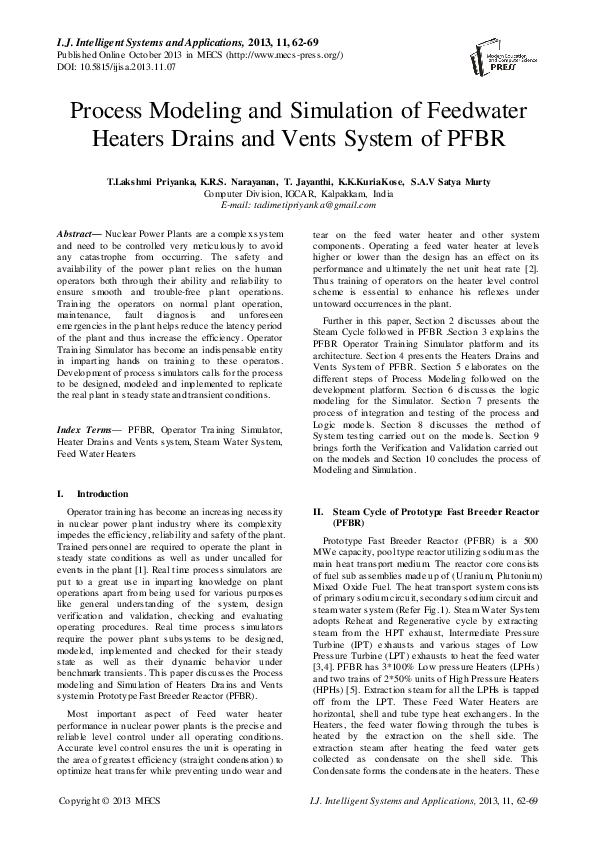 (PDF) Process Modeling and Simulation of Feedwater Heaters Drains and Vents System of PFBR