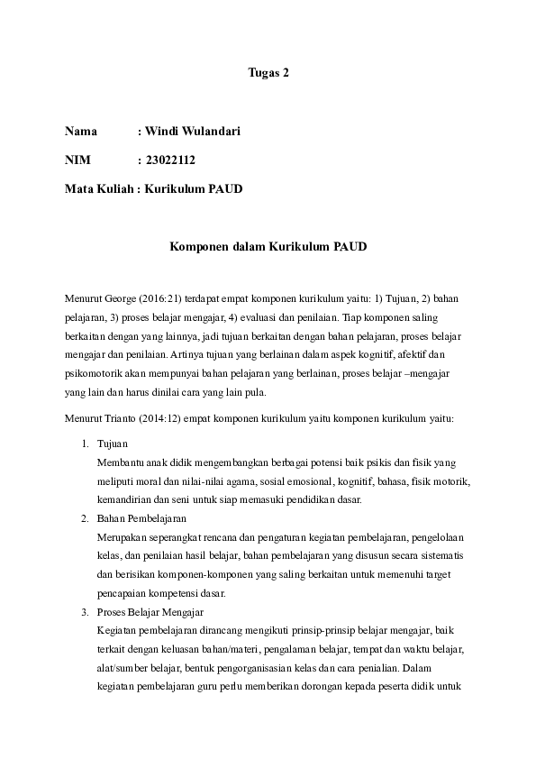 (DOC) Komponen dalam Kurikulum PAUD