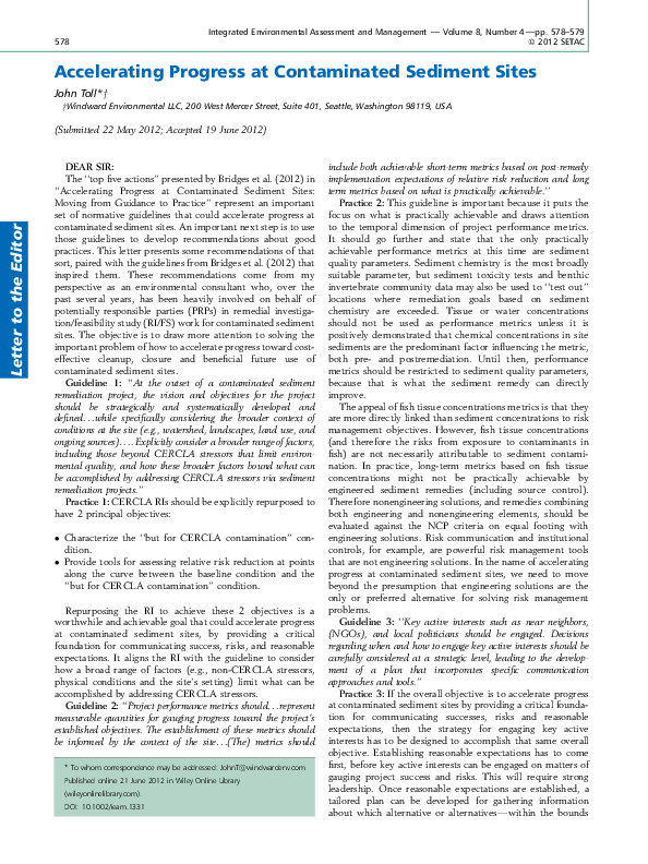 (PDF) Accelerating progress at contaminated sediment sites