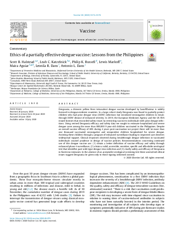 (PDF) Ethics of a partially effective dengue vaccine: Lessons from the ...