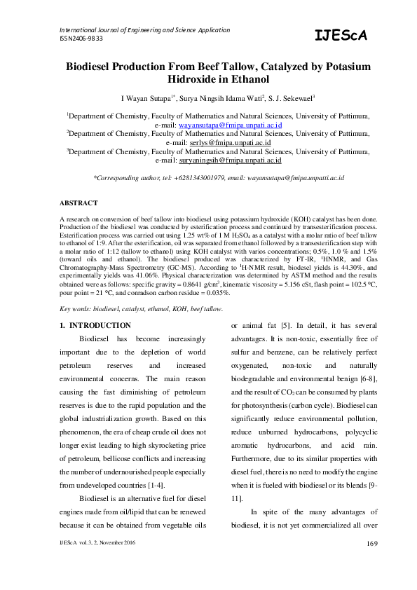 (PDF) Biodiesel Production From Beef Tallow, Catalyzed by Potasium ...