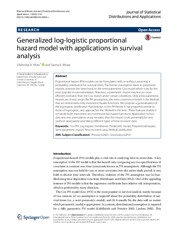 (PDF) Generalized log-logistic proportional hazard model with applications in survival analysis
