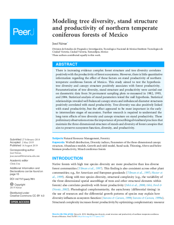 (PDF) Modeling tree diversity, stand structure and productivity of northern temperate coniferous ...