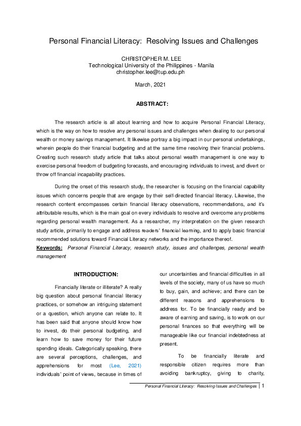 (PDF) Personal Financial Literacy: Resolving Issues and Challenges