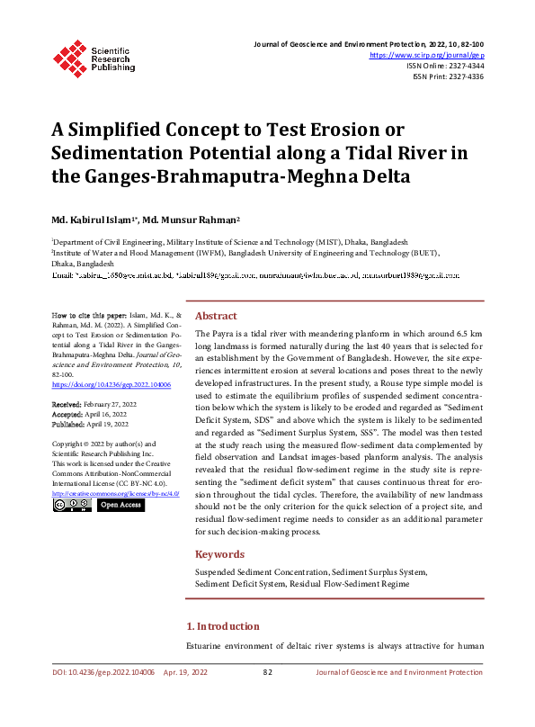 (PDF) A Simplified Concept to Test Erosion or Sedimentation Potential ...