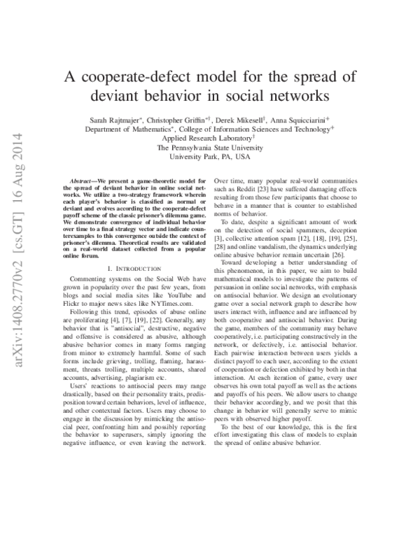 (PDF) A cooperate-defect model for the spread of deviant behavior in ...