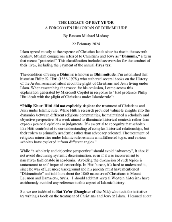 (DOC) THE LEGACY OF BAT YE'OR A FORGOTTEN HISTORIAN OF DHIMMITUDE