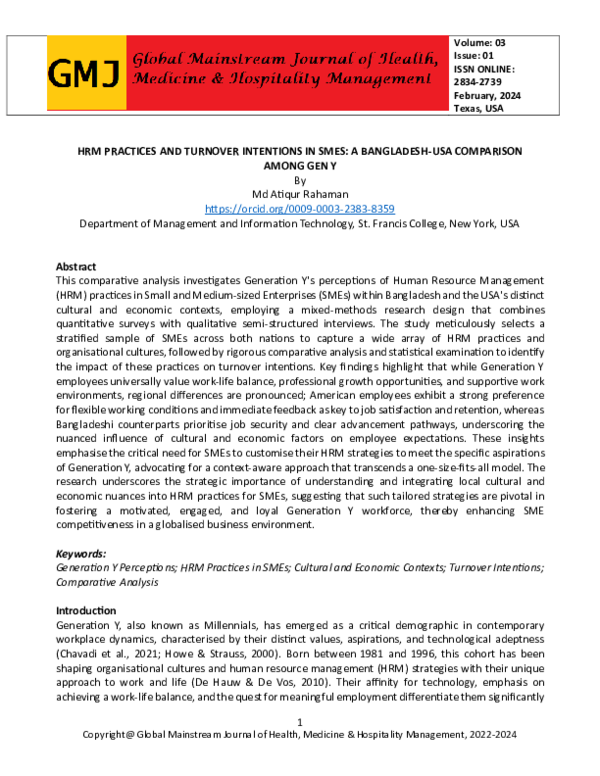 (PDF) HRM PRACTICES AND TURNOVER INTENTIONS IN SMES: A BANGLADESH-USA COMPARISON AMONG GEN Y By ...