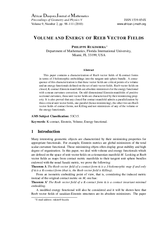 (PDF) Volume and Energy of Reeb Vector Fields