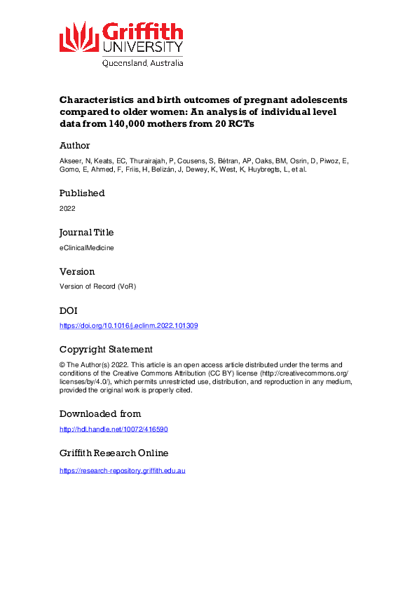 (PDF) Characteristics and birth outcomes of pregnant adolescents ...