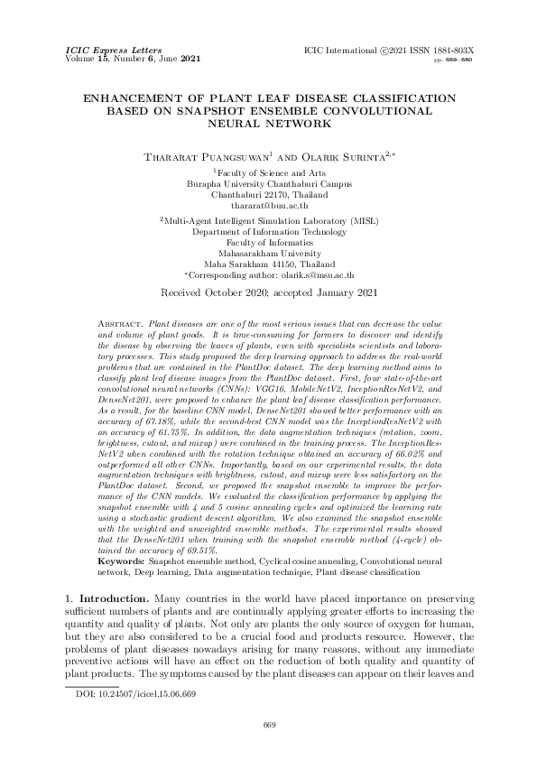 (PDF) Enhancement of Plant Leaf Disease Classification Based on Snapshot Ensemble Convolutional ...