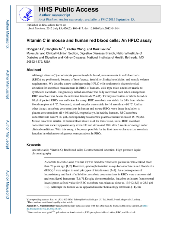 (PDF) Vitamin C in mouse and human red blood cells: An HPLC assay