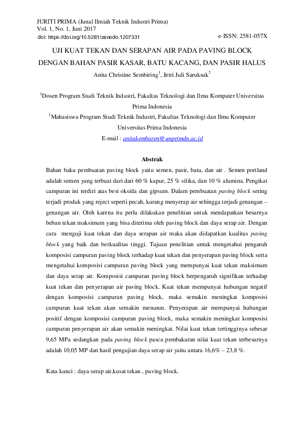 (PDF) Uji Kuat Tekan Dan Serapan Air Pada Paving Block Dengan Bahan Pasir Kasar, Batu Kacang ...