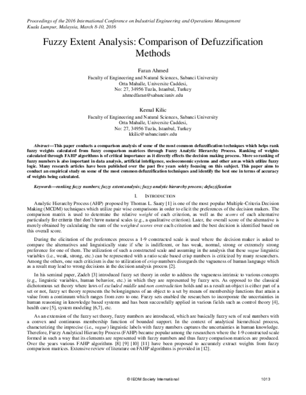 (PDF) Fuzzy extent analysis: comparison of defuzzification methods