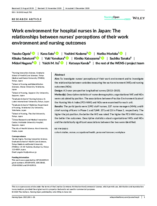 (PDF) Work environment for hospital nurses in Japan: The relationships ...