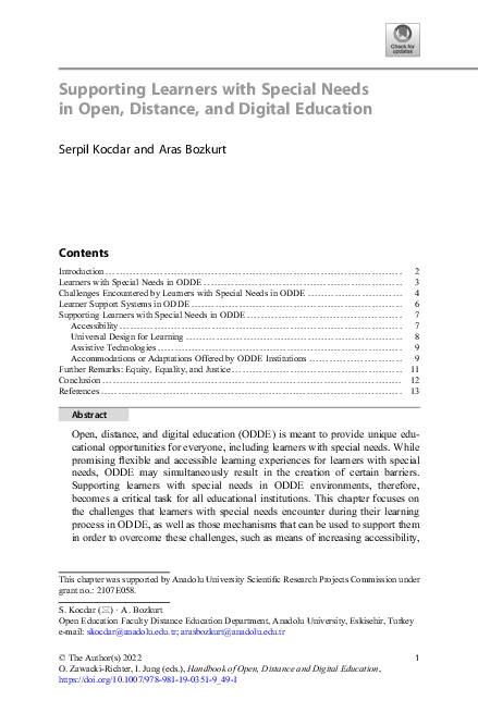 (PDF) Supporting Learners with Special Needs in Open, Distance, and Digital Education
